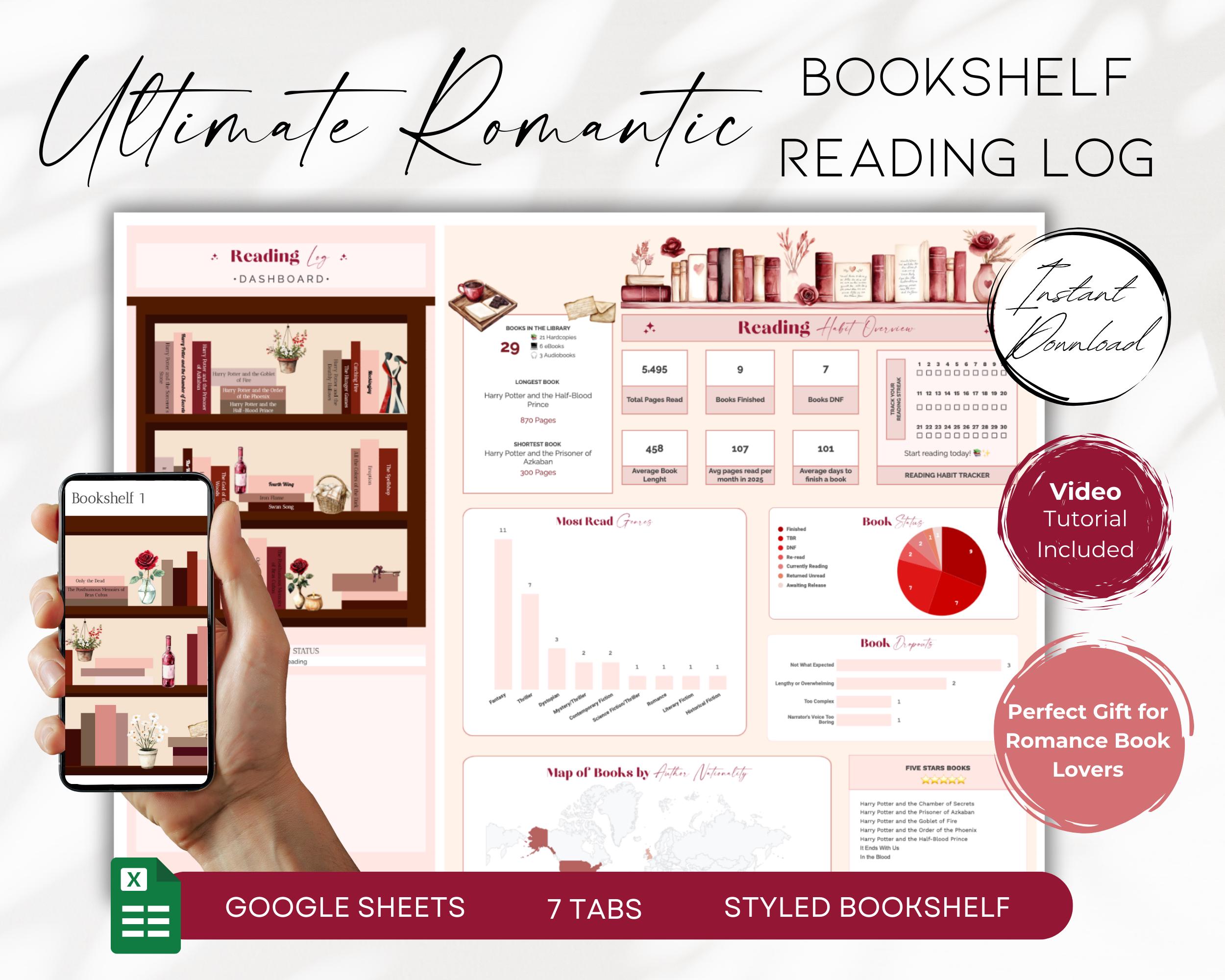 Ultimate Bookshelf Reading Log Spreadsheet V2 | Romantic Valentines ...