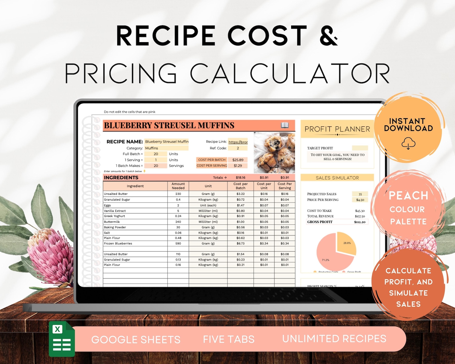 Recipe Pricing Calculator for Bakers, Google Sheets Food Cost Template ...