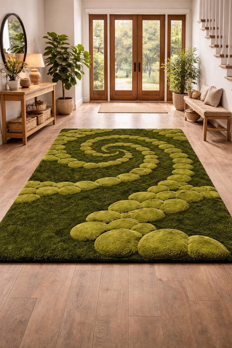 Hand Tufted Moss Rug – 3D Pebble Spiral Design, Nature Inspired Carpet ...