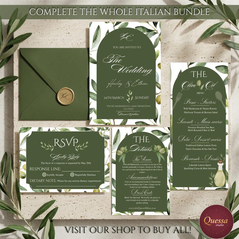 Italian Wedding Menu, RSVP, Details Cards, Olive Branch Stationery ...