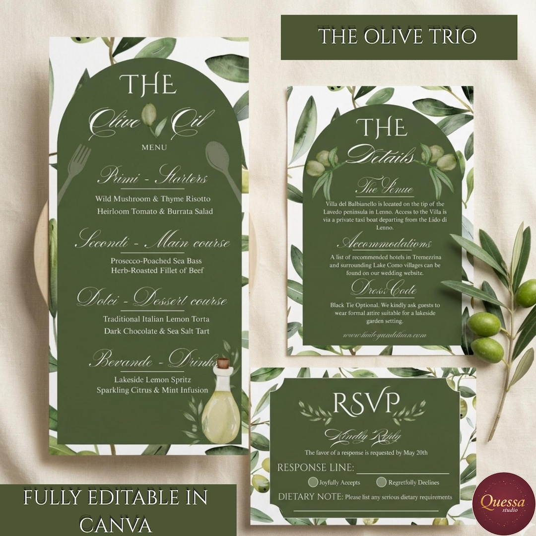 Italian Wedding Menu, RSVP, Details Cards, Olive Branch Stationery ...