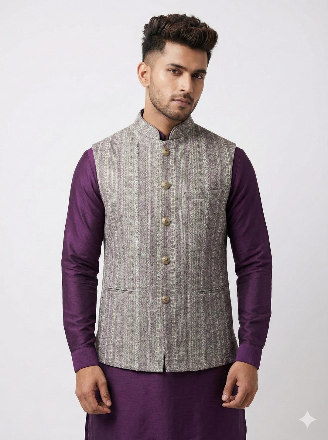 Lilac Silk Blend Nehru Jacket With Intricate Thread Work Mandarin ...