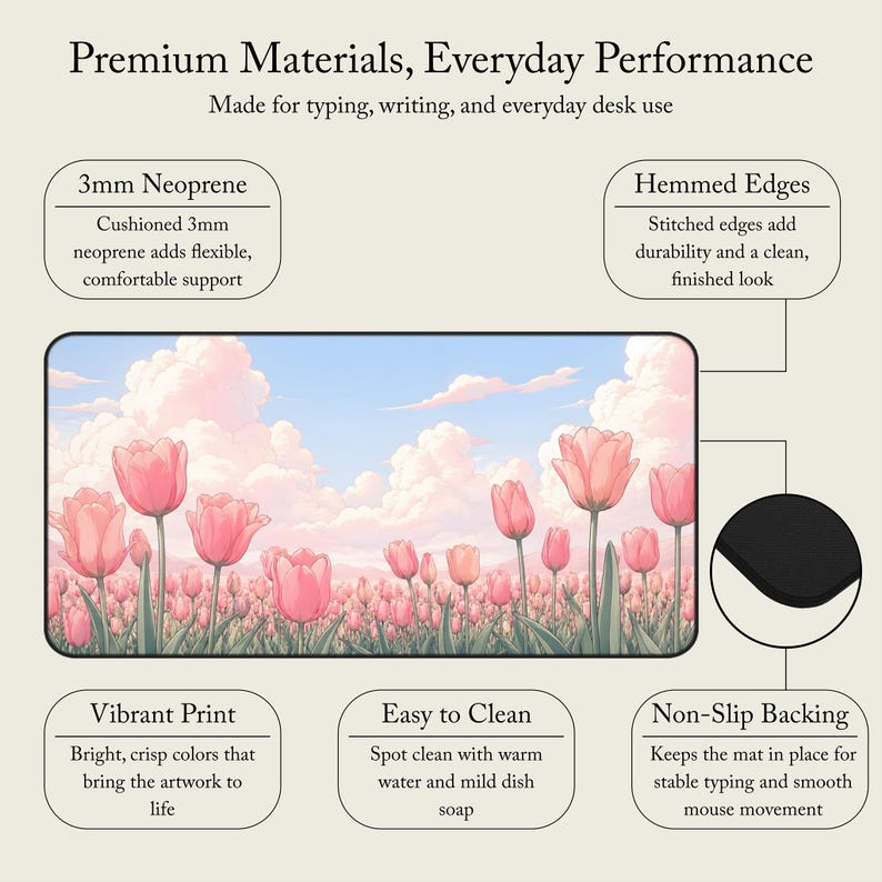 Pink Tulip Field Desk Mat, Pastel Floral Keyboard Pad, Spring Garden ...