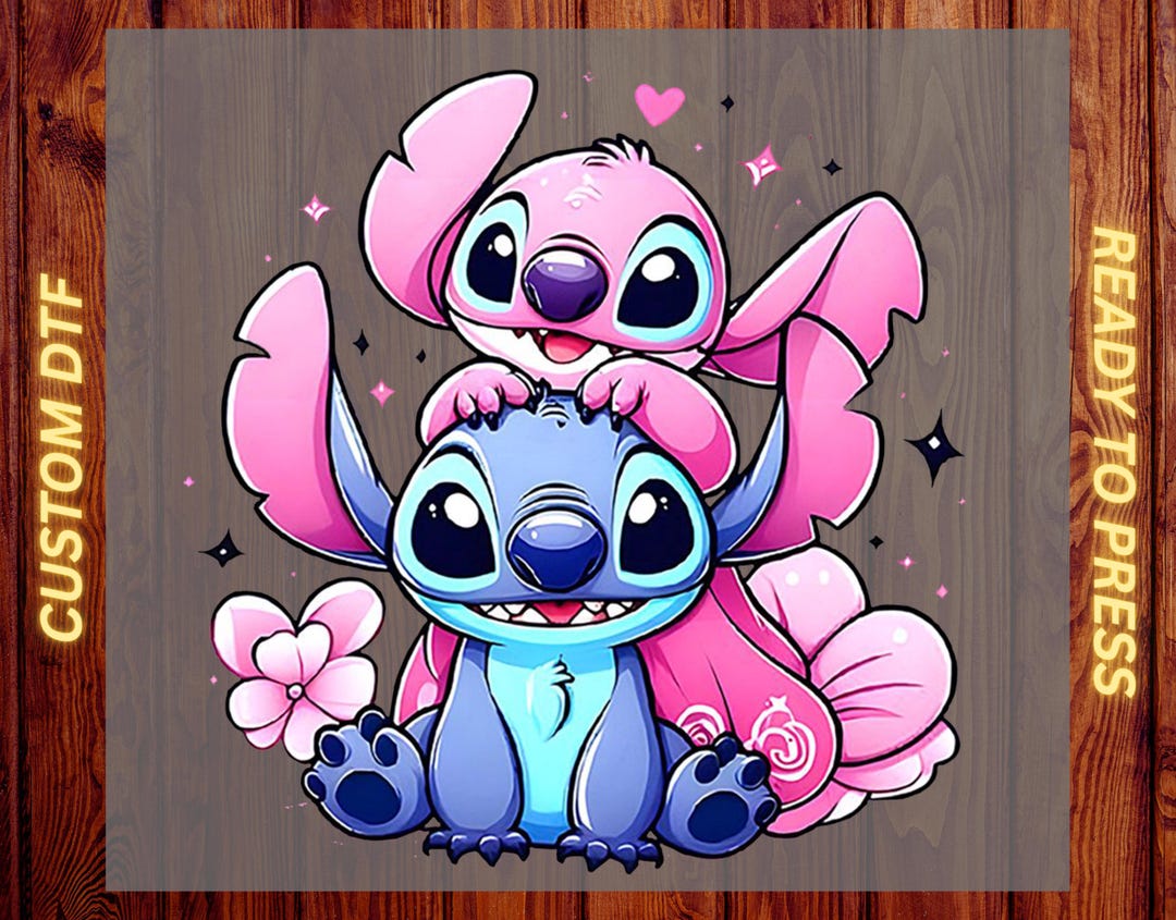 Stitch and Angel DTF Heat Transfer – Disney Floral Cartoon Blue & Pink ...