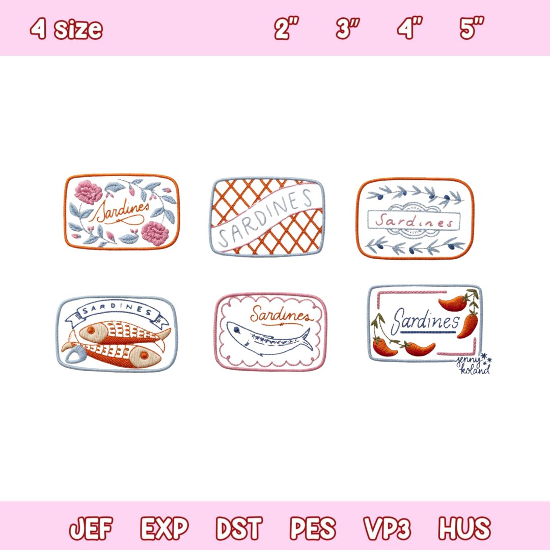 6 Sardines Embroidery Design, Coquette Pattern, Digital Files, Instant ...