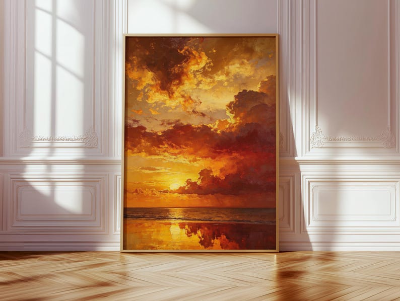 Golden Hour Sunset Oil Painting Print | Dramatic Sky Reflection Wall ...