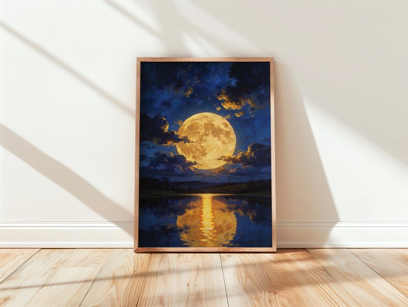 Harvest Moon Oil Painting Print | Dramatic Sky, Moon Reflection Wall ...
