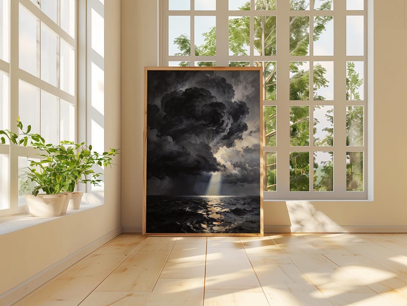 Dramatic Storm Sky Oil Painting Print | Moody Dark Clouds, Choppy Sea ...