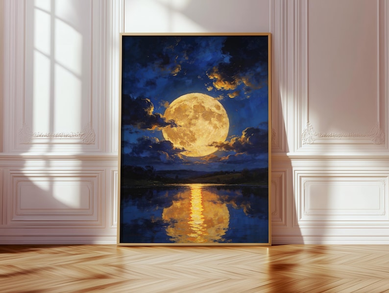 Harvest Moon Oil Painting Print | Dramatic Sky, Moon Reflection Wall ...