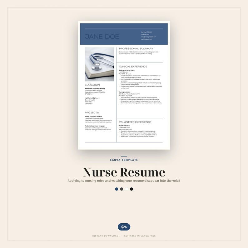 Nurse Resume Template Canva, ATS Resume, Word + Google Docs, References ...