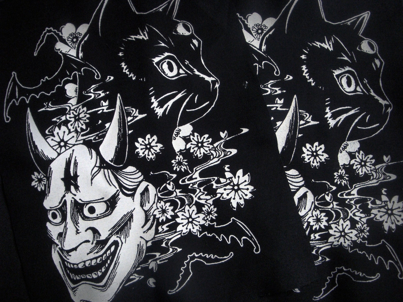 Hannya Mask & Black Cat with Bats and Sakura Cherry Blossoms | Etsy
