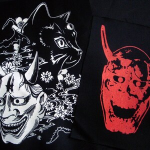 Hannya Mask & Black Cat With Bats and Sakura Cherry Blossoms Japanese ...