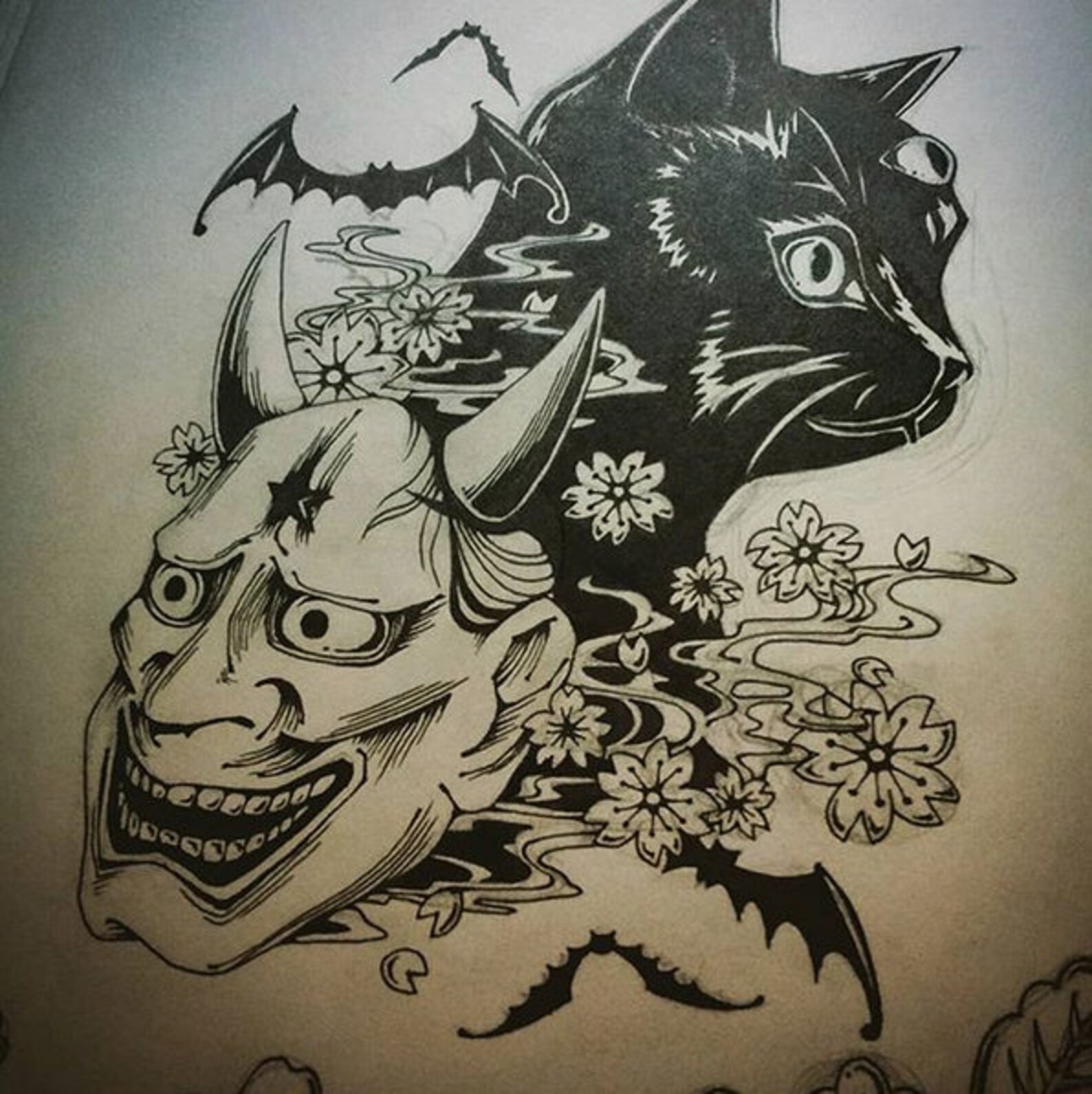 Hannya Mask & Black Cat with Bats and Sakura Cherry Blossoms | Etsy