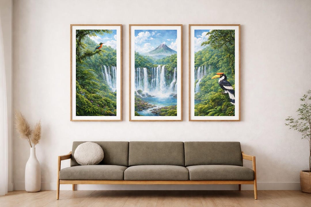 Watercolor Waterfall Triptych Wall Art Printable | Tropical Landscape ...
