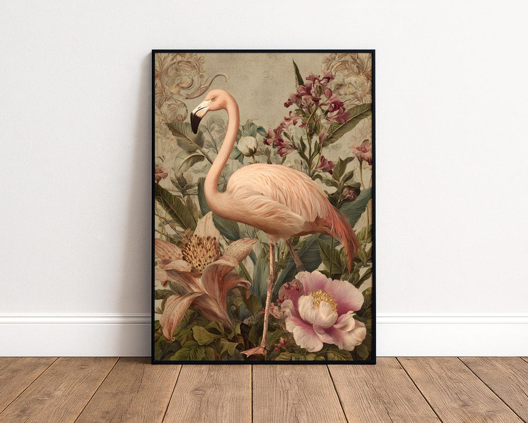 Flamingo Botanical Print – Vintage Floral Tropical Poster, Maximalist ...