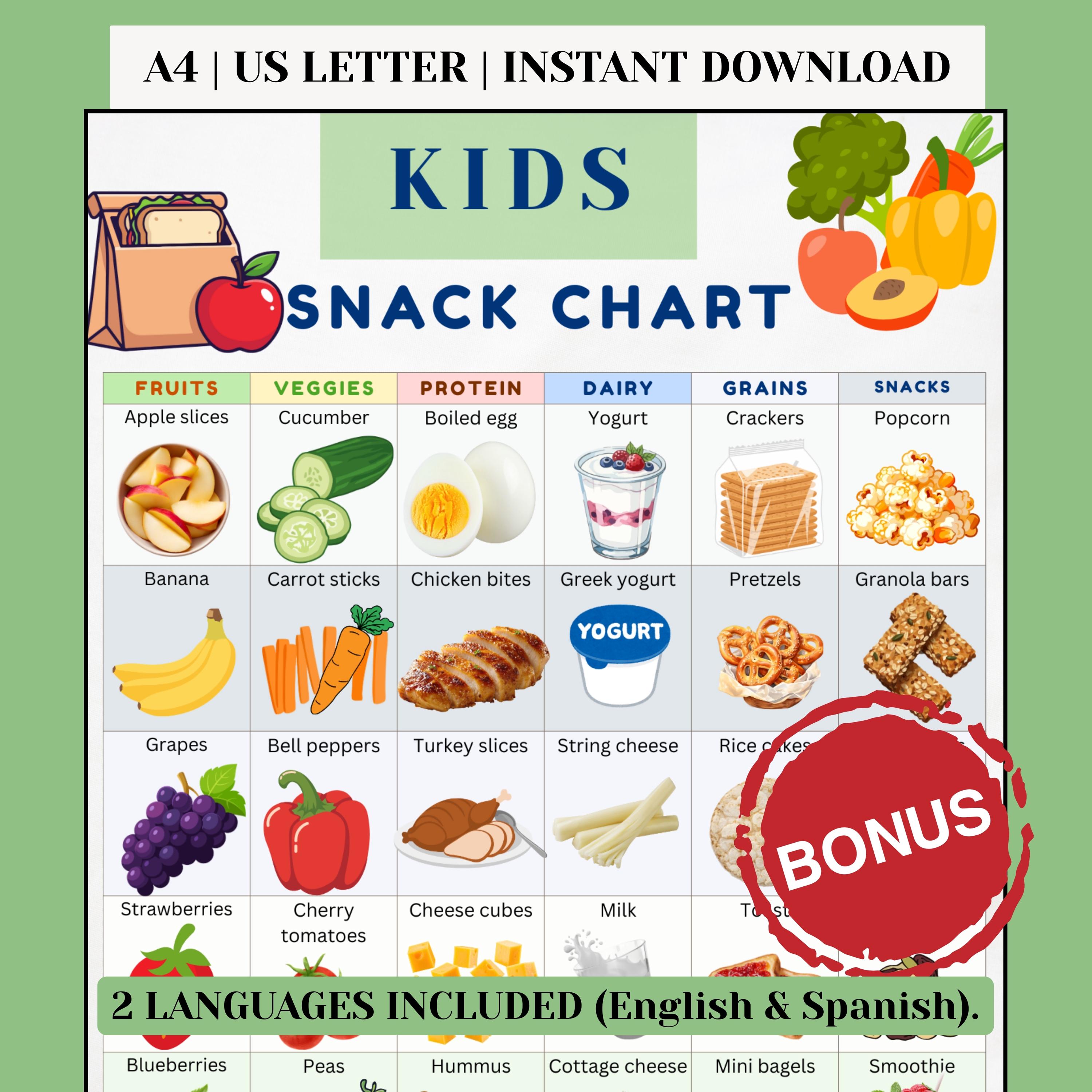 Kids Snack Chart Printable, Kids Food Chart, Healthy Snack Ideas for ...