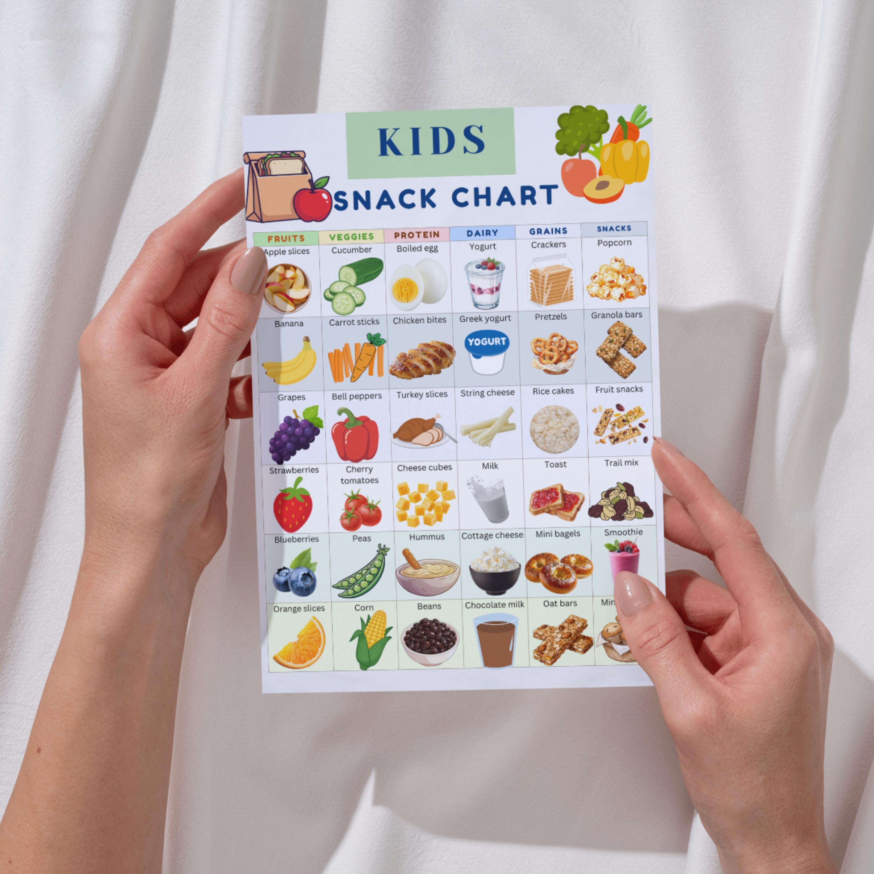 Kids Snack Chart Printable, Kids Food Chart, Healthy Snack Ideas for ...