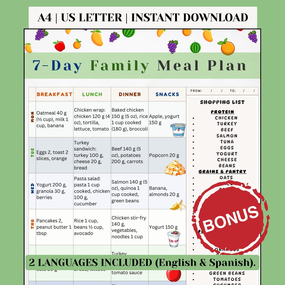 Family 7 Day Meal Plan Printable, Weekly Family Menu Planner With ...