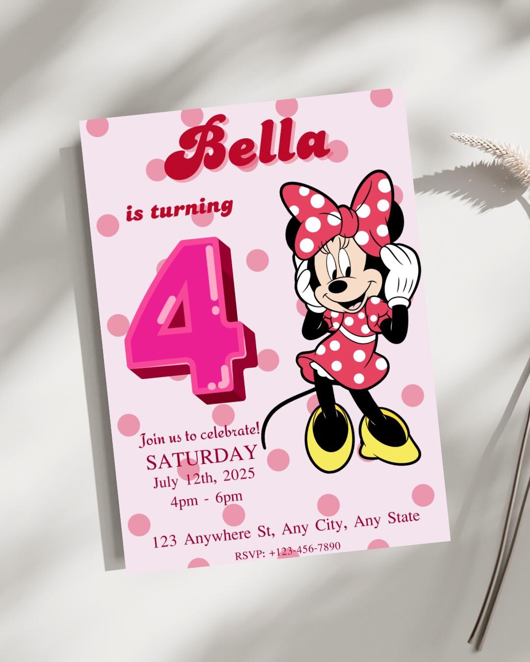 Minnie Mouse 4th Birthday Invitation, Minnie Mouse 4th Birthday ...