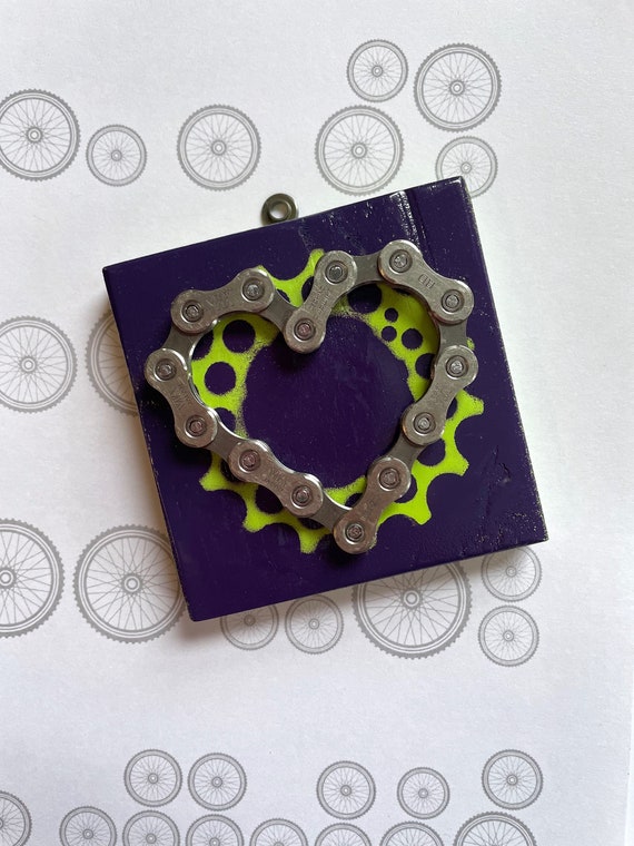 Recycled Bike Chain Heart on Reclaimed Wood Navy Blue & | Etsy
