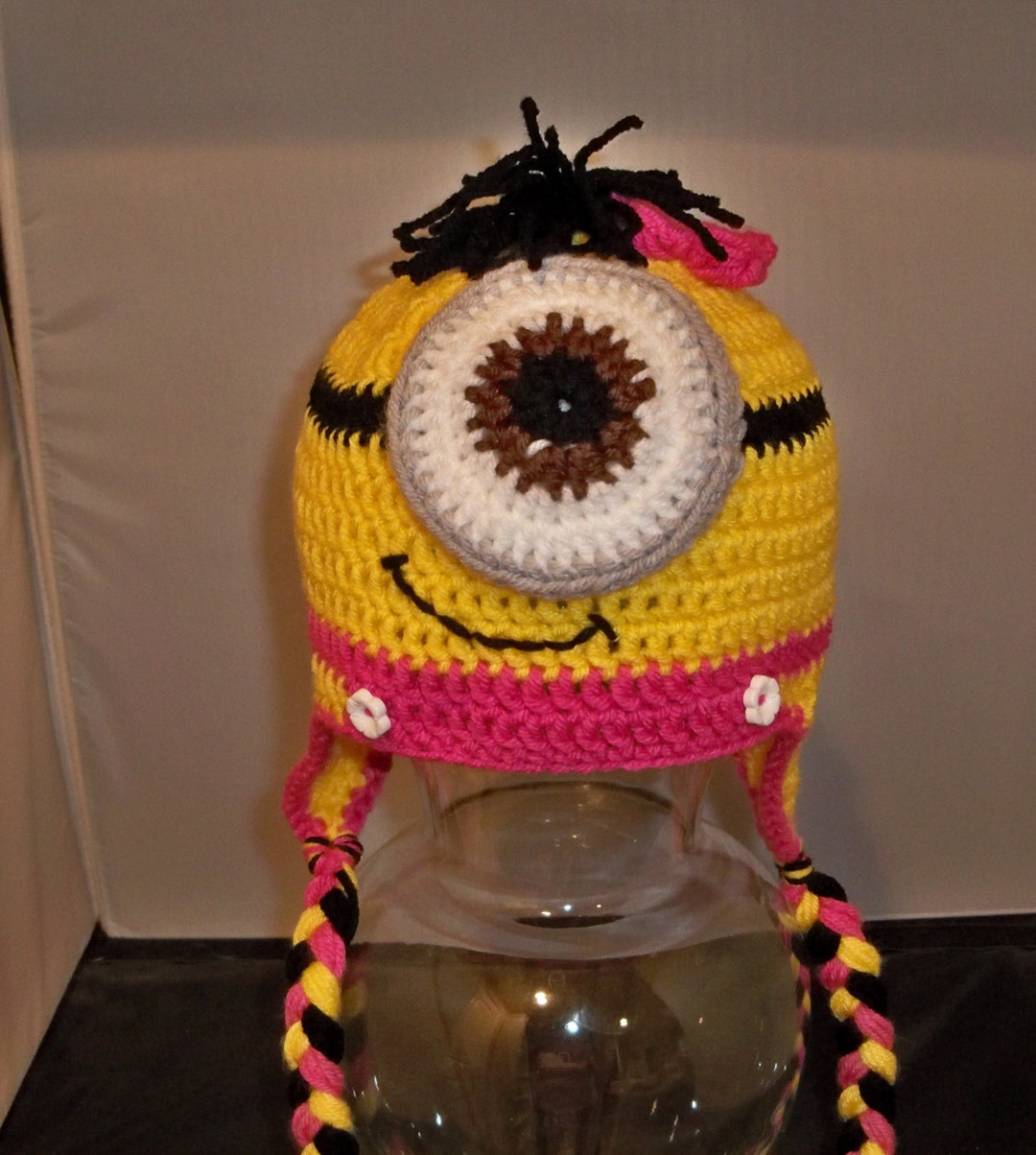 Yellow and Pink Girls Minion Crocheted One Eyed Minion Ear Flaps and ...