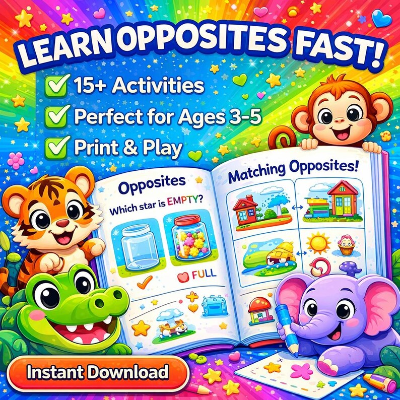Opposites Worksheet for Kids Ages 3-5 | Preschool Printable Workbook ...
