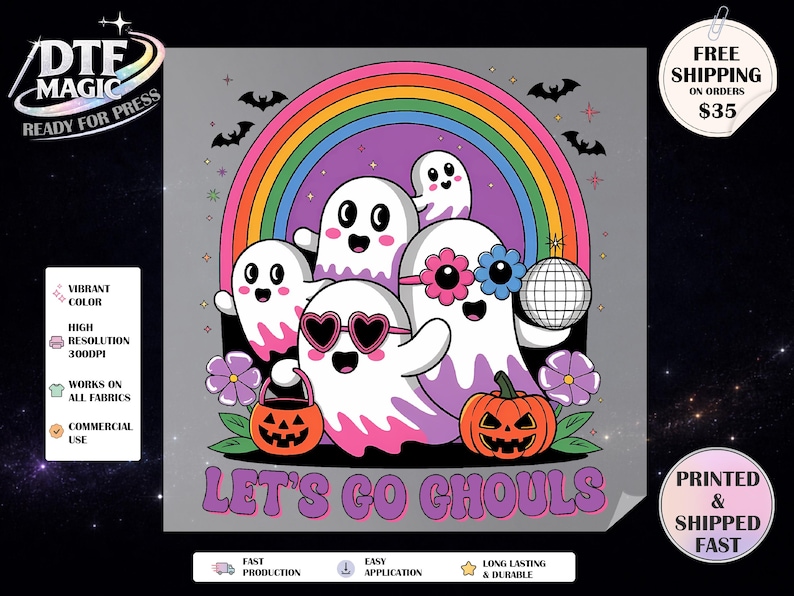 Let's Go Ghouls Halloween DTF Transfer, Rainbow Ghost Shirt Design ...