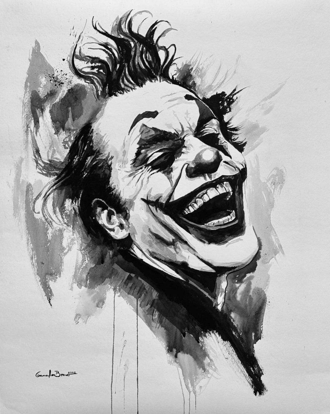 The Joker Laughing Ink Painting 24”x30” in Watercolor Paper by Gamalier ...