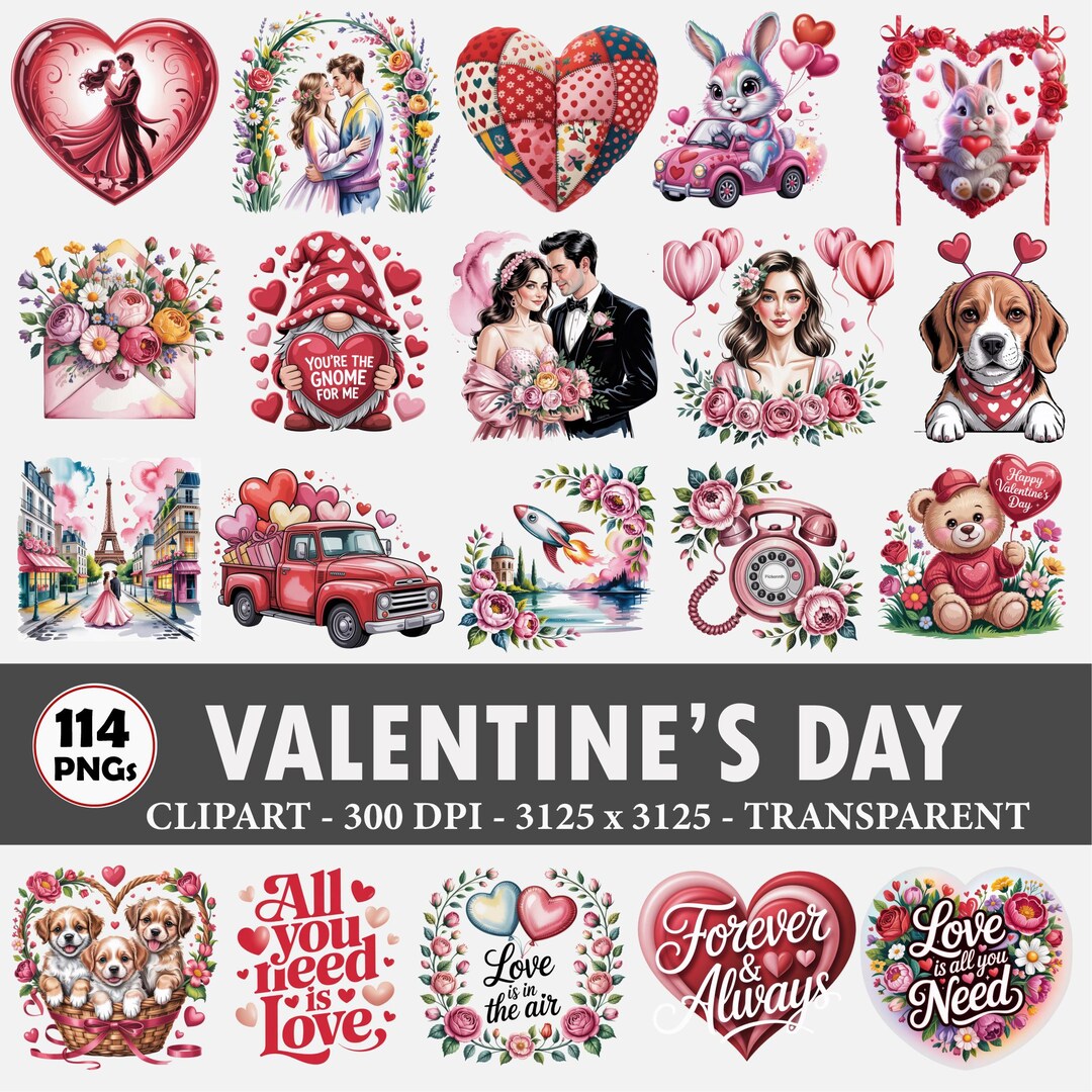 Valentine’s Day Clipart Bundle PNG Romantic Love Illustrations - Etsy