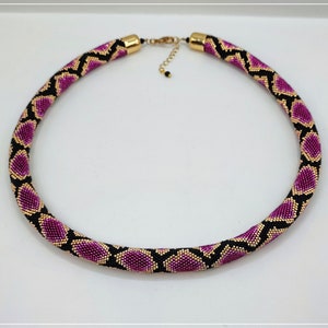 Pink, Gold, Black, Python Snake, Bead Crochet Necklace, Handmade ...