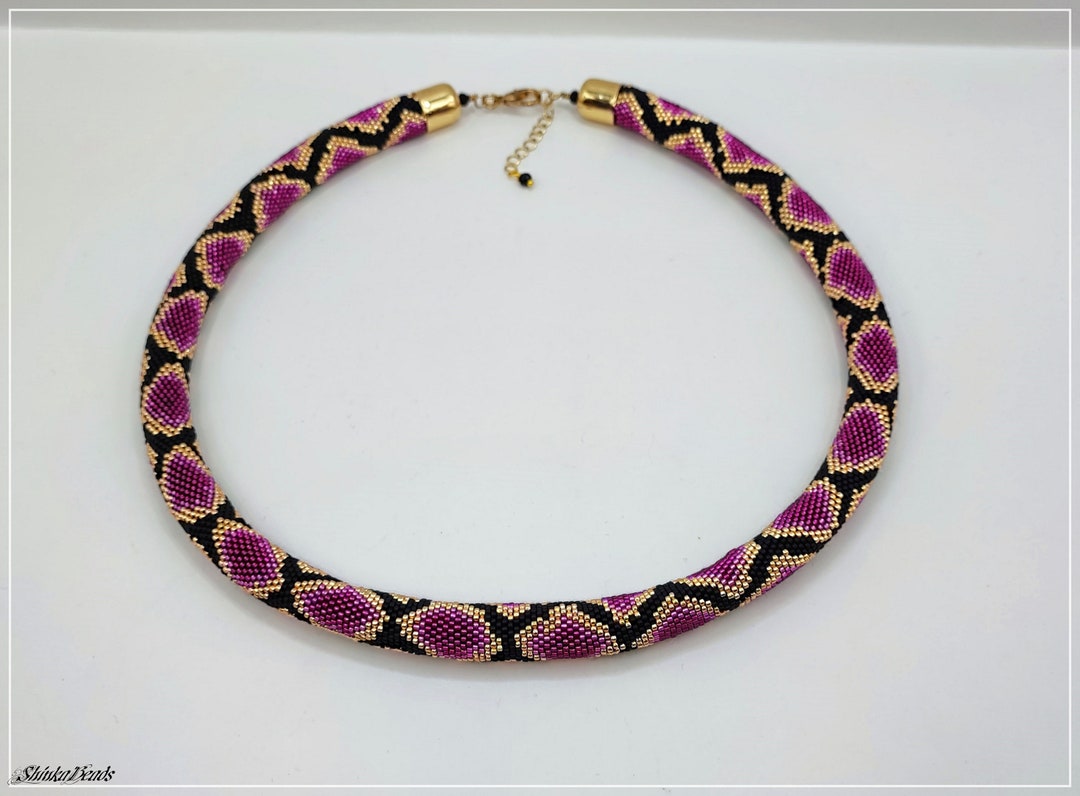 Pink, Gold, Black, Python Snake, Bead Crochet Necklace, Handmade ...