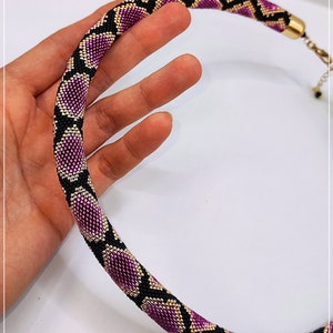 Pink, Gold, Black, Python Snake, Bead Crochet Necklace, Handmade ...