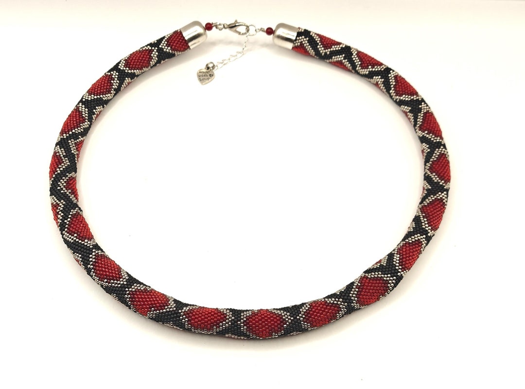 Red and Black Snake Python Necklace, Bead Crochet Necklace, Handmade ...