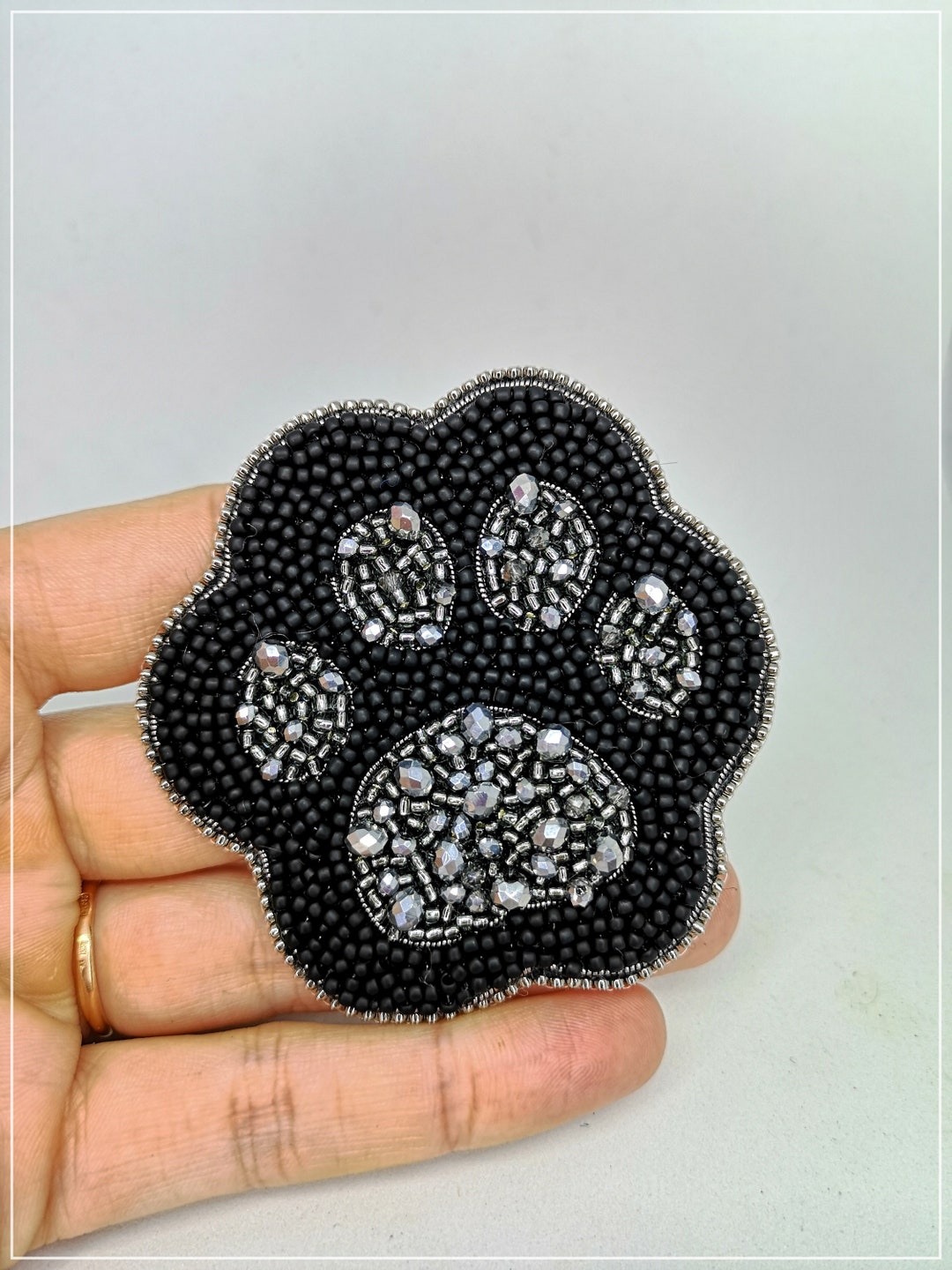 Bead Embroidered Paw Brooch, Black, Silver Pet Paw Brooch, Accessory ...