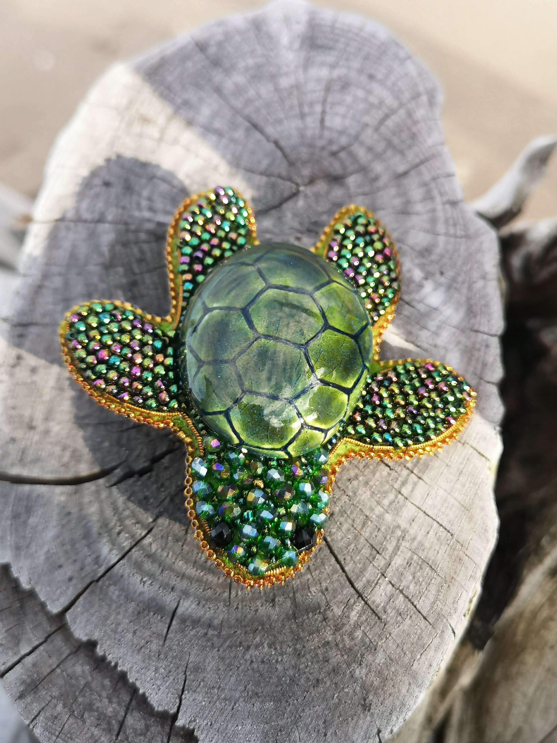 Bead embroidered turtle brooch accessory handmade jewelry of | Etsy