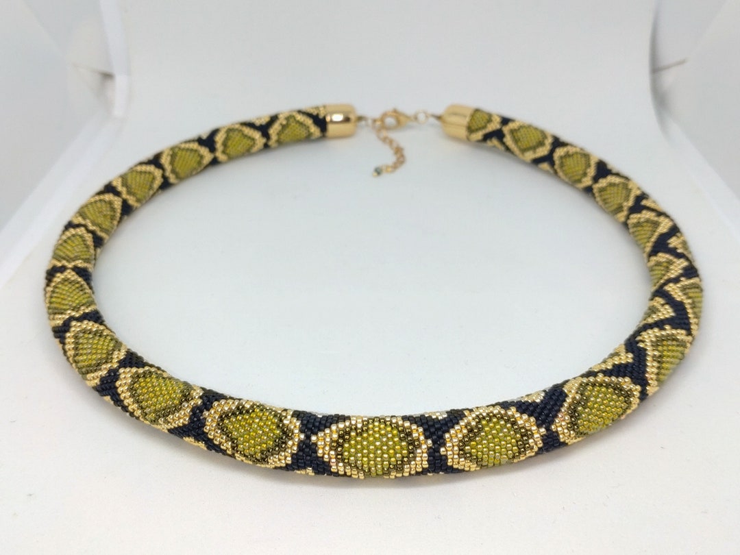 Green Snake, Python Necklace, Bead Crochet Necklace, Handmade Jewelry ...