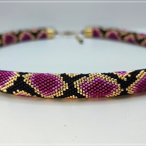 Pink, Gold, Black, Python Snake, Bead Crochet Necklace, Handmade ...
