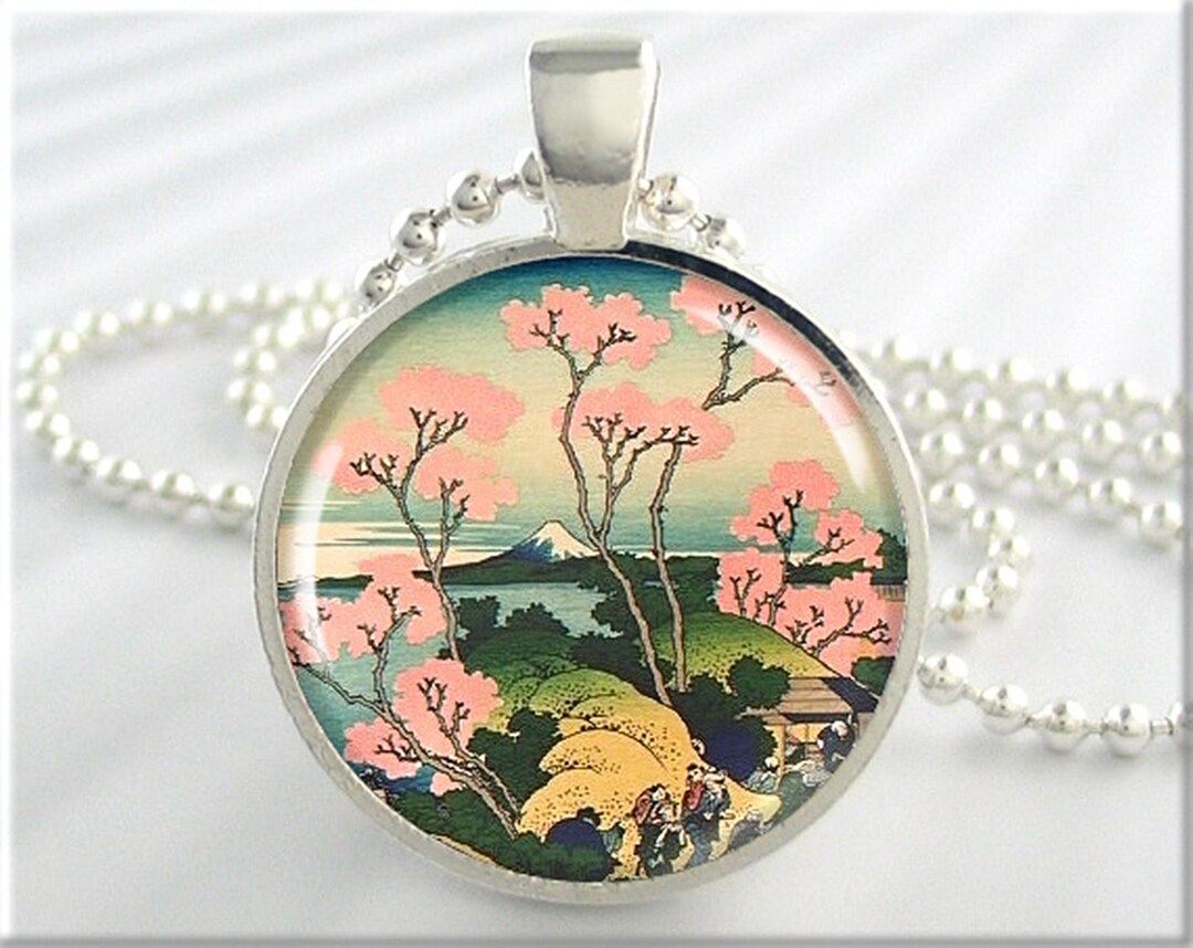 Ukiyo-e Art Necklace, Mount Fuji Cherry Blossom Pendant, Silver Resin ...