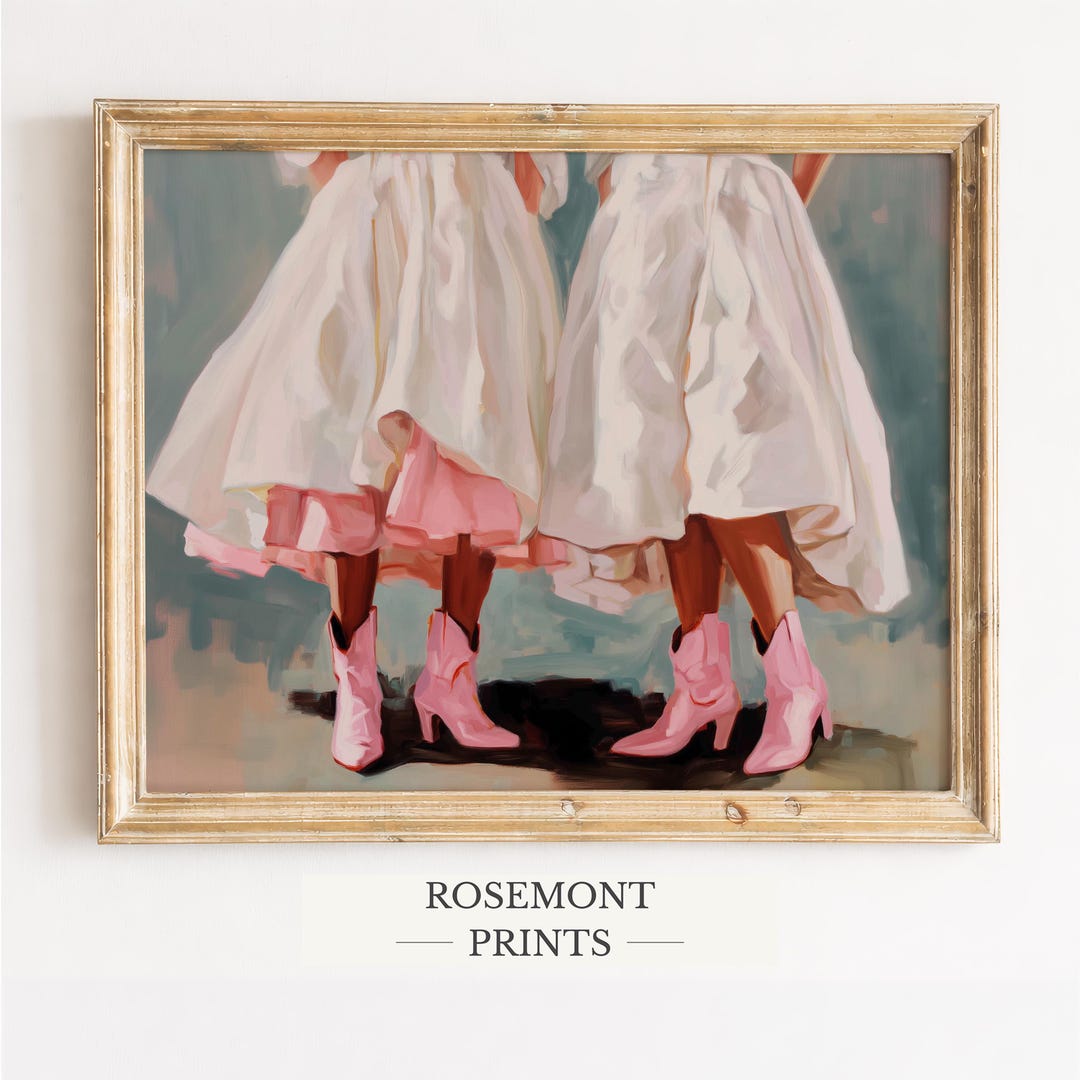 Printable Retro Country Gals in Pink Boots - Feminine Vintage Painting ...