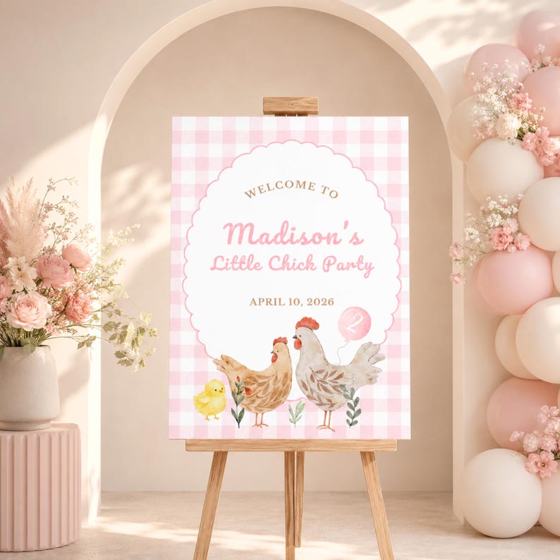 Little Chick Birthday Welcome Sign Template, Pink Gingham Farm Party ...