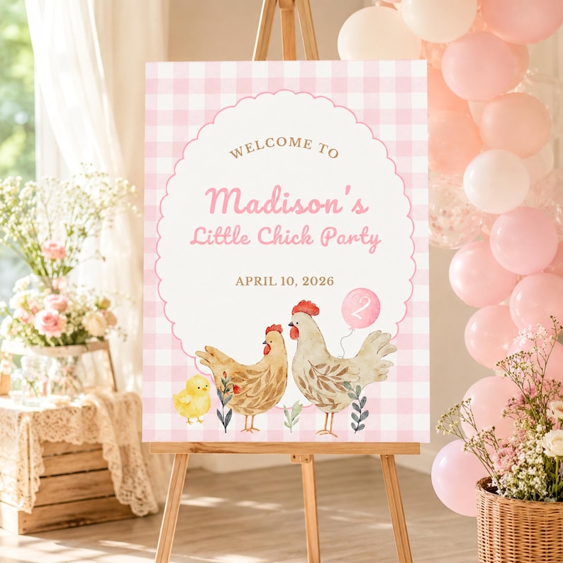 Little Chick Birthday Welcome Sign Template, Pink Gingham Farm Party ...