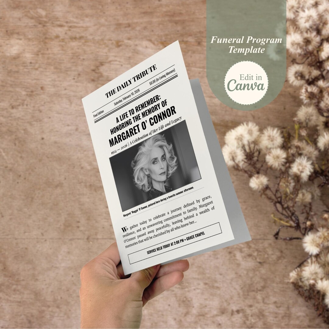 Funeral Program Template Newspaper Style Memorial Service Canva ...