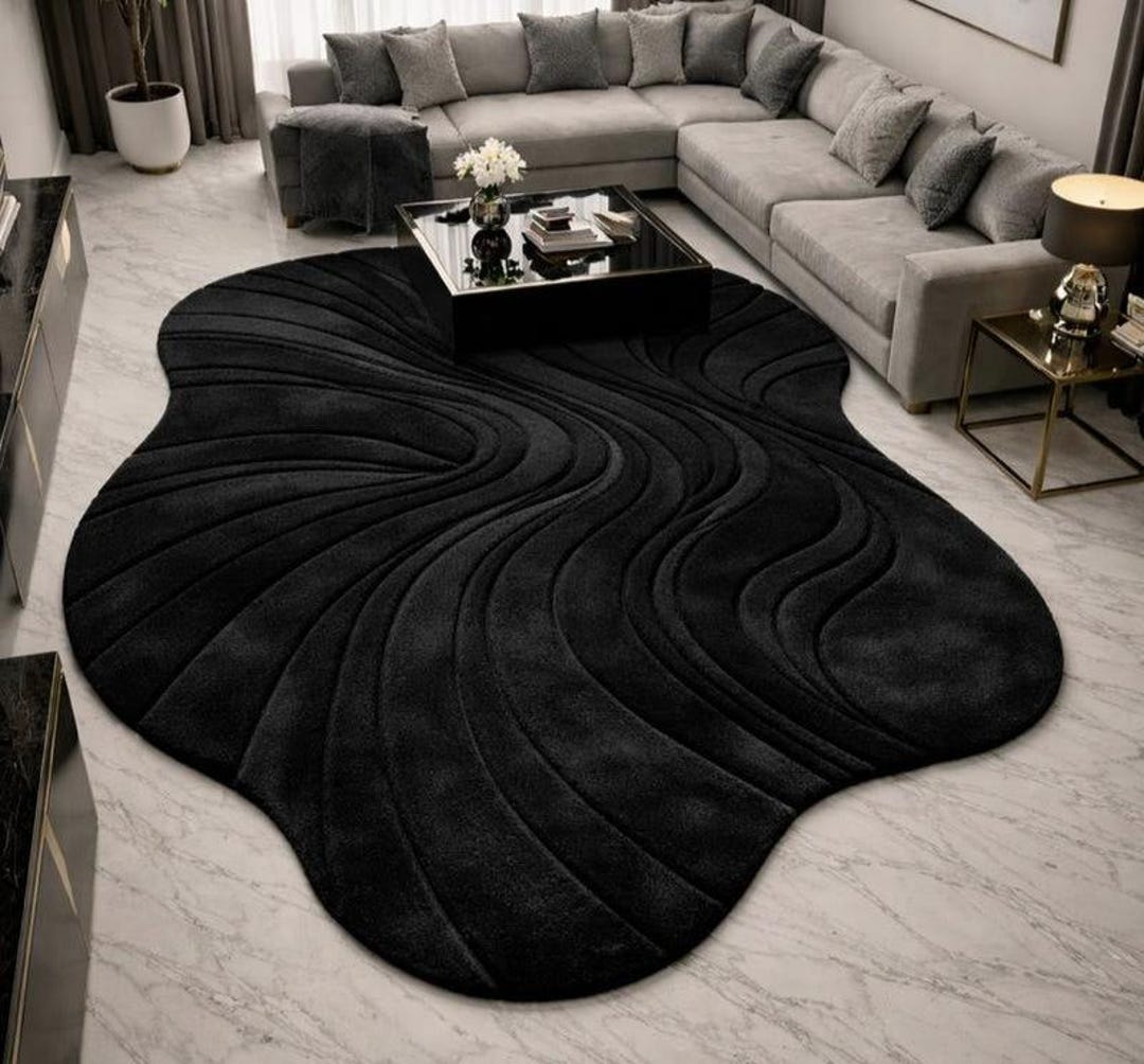Handmade Black Abstract Wool Rug, Modern Organic Shape Luxury Area Rug ...