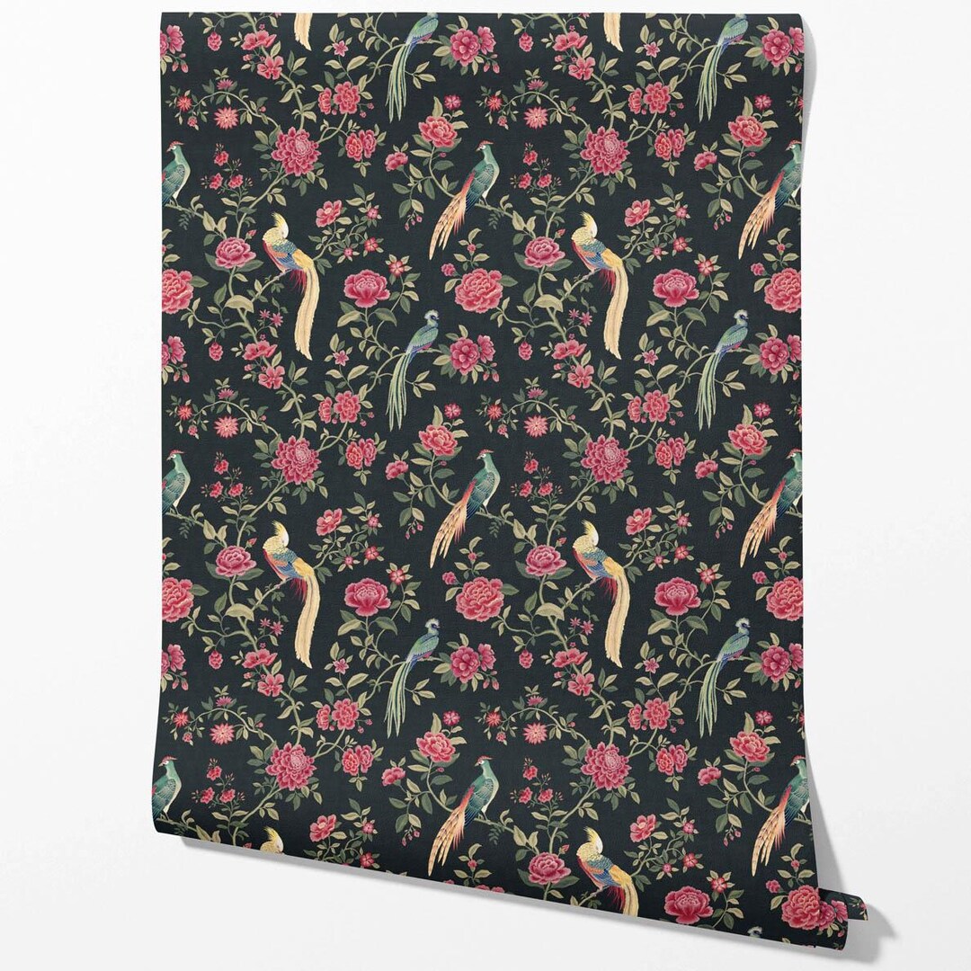 Floral Bird Print Wallpaper by Meter I Extra Wide Roll I Black/ Pink ...