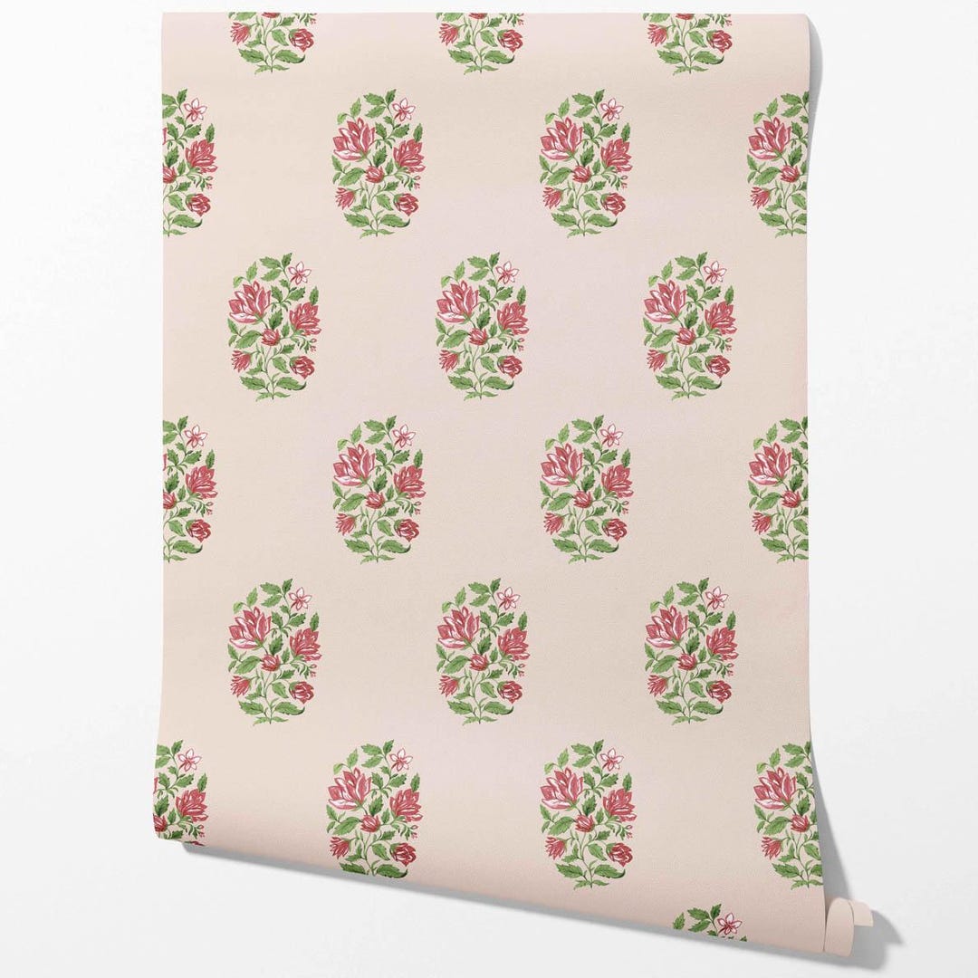 Floral Block Print Wallpaper by Meter I Extra Wide Roll I Pink/ Green I ...