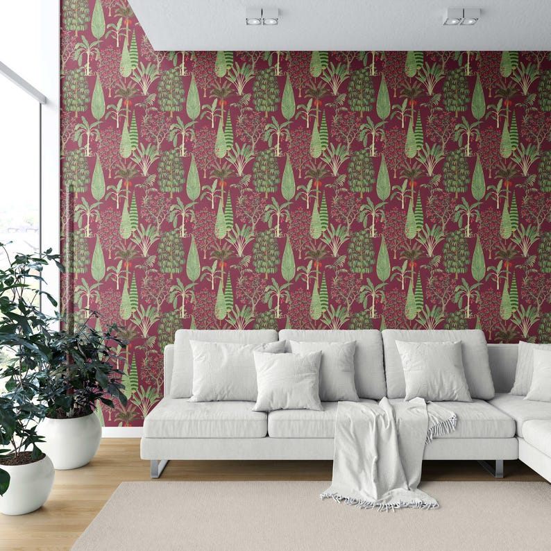 Floral Botanical Wallpaper by Meter I Extra Wide Roll I Burgundy Red ...