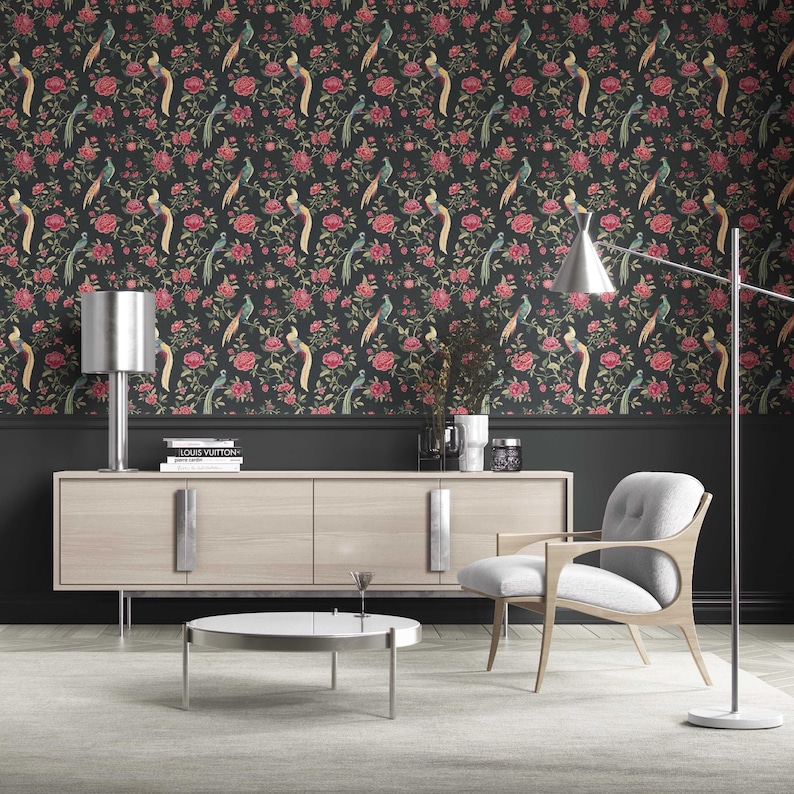 Floral Bird Print Wallpaper by Meter I Extra Wide Roll I Black/ Pink ...