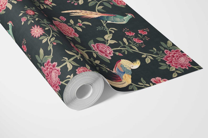 Floral Bird Print Wallpaper by Meter I Extra Wide Roll I Black/ Pink ...