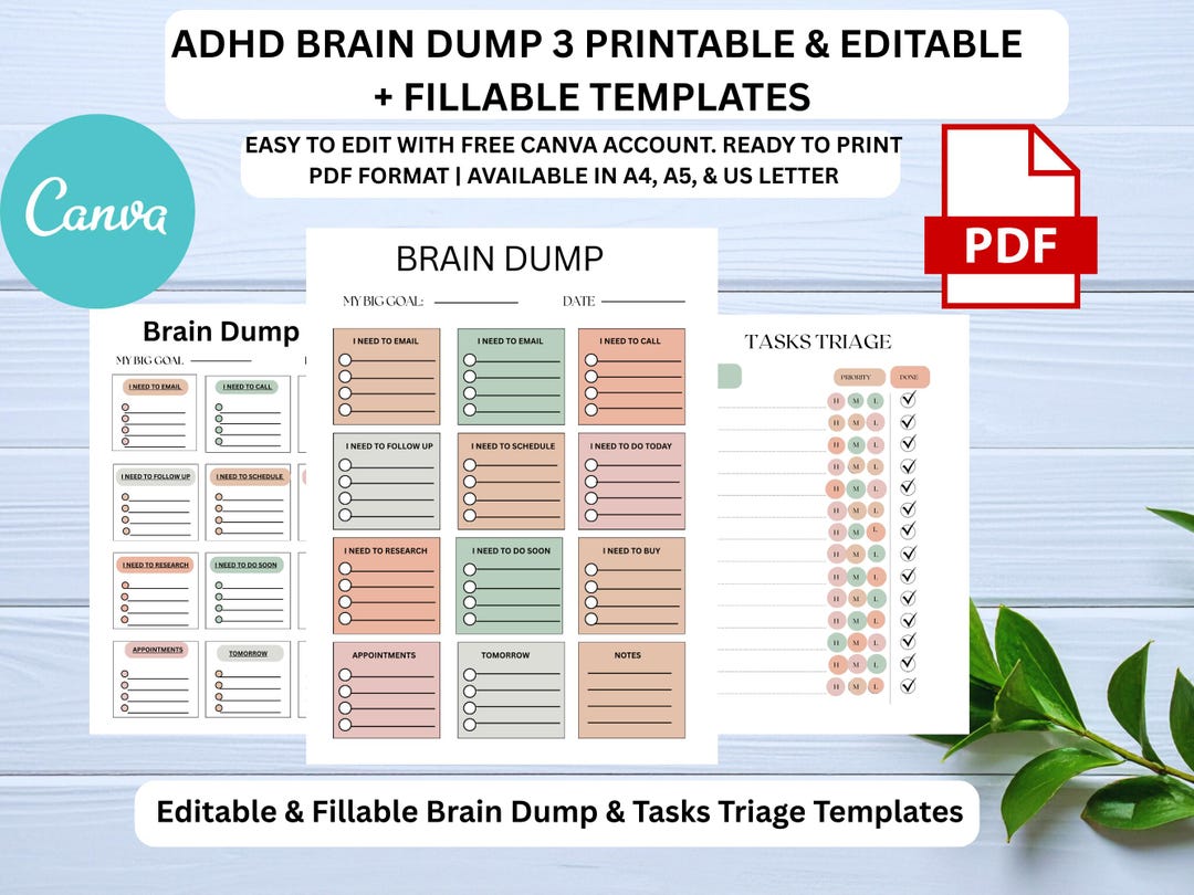ADHD Brain Dump | Triage Task Planner for Adults | 3-page Colorful ...