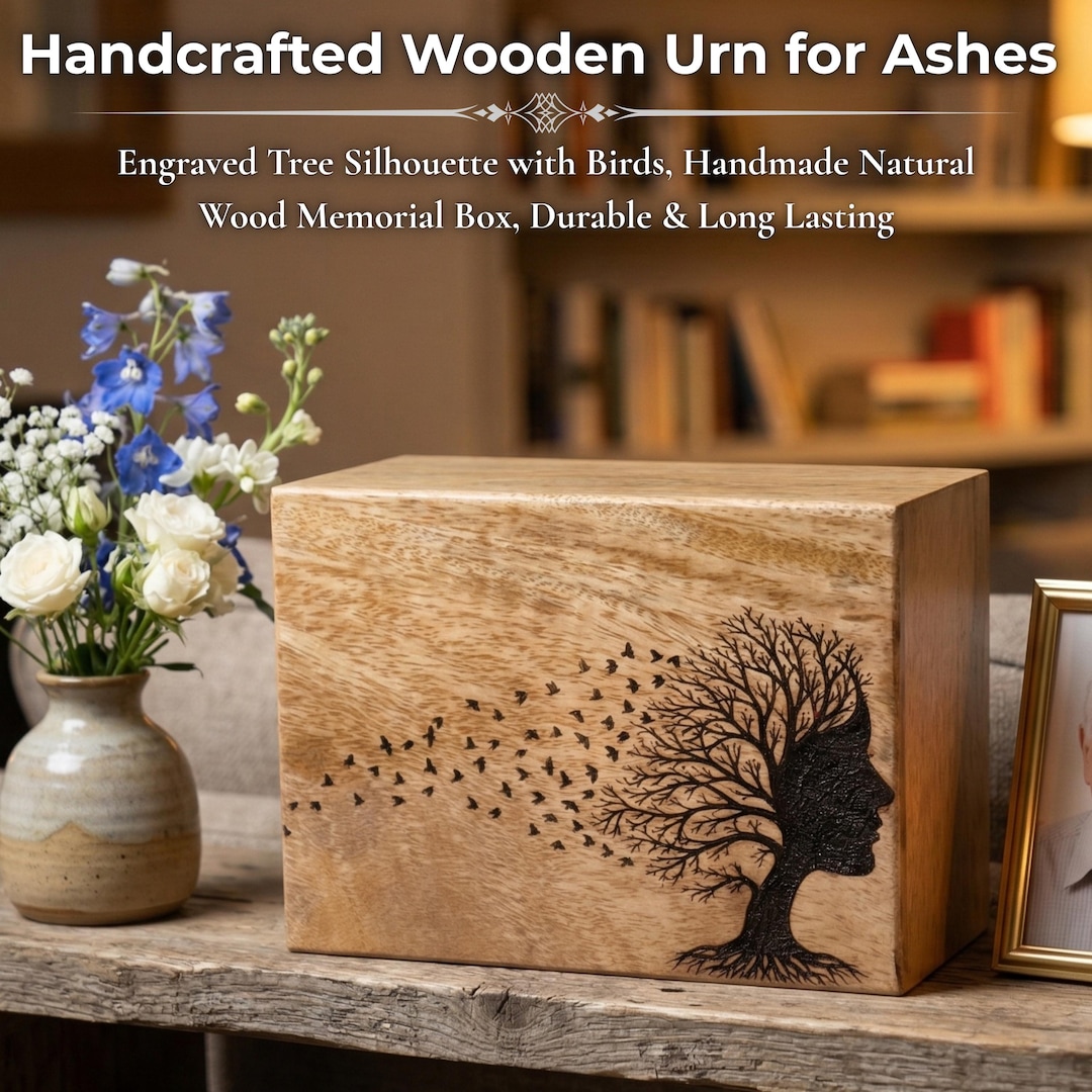 Handcrafted Wooden Urn Tree With Face Memorial Ashes Box, Forest Scene ...